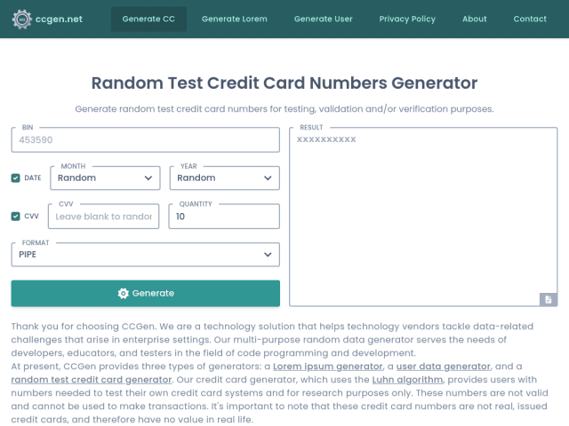 Random Credit Card Number Generator for Testing and Development - CCGen.net